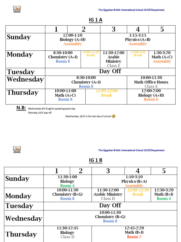 IG 1 Class Schedule Overview | PDF