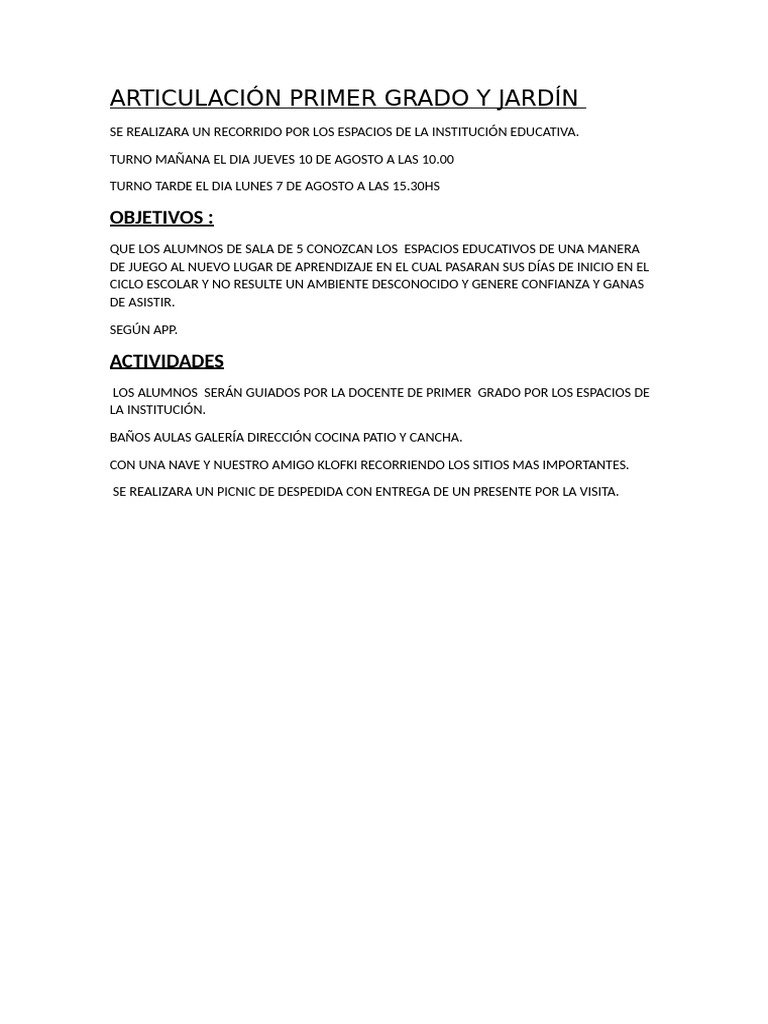 Articulación Primer Grado y Jardín | PDF