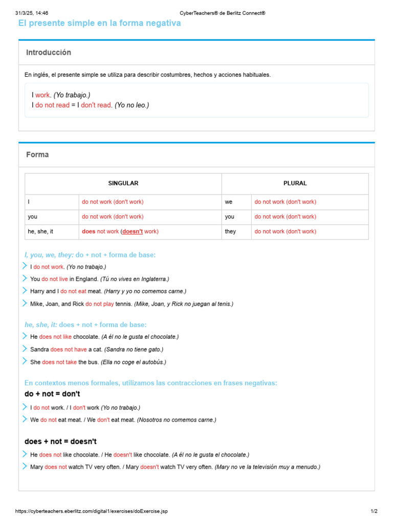 Ingles El Presente Simple en Forma Negativa | PDF