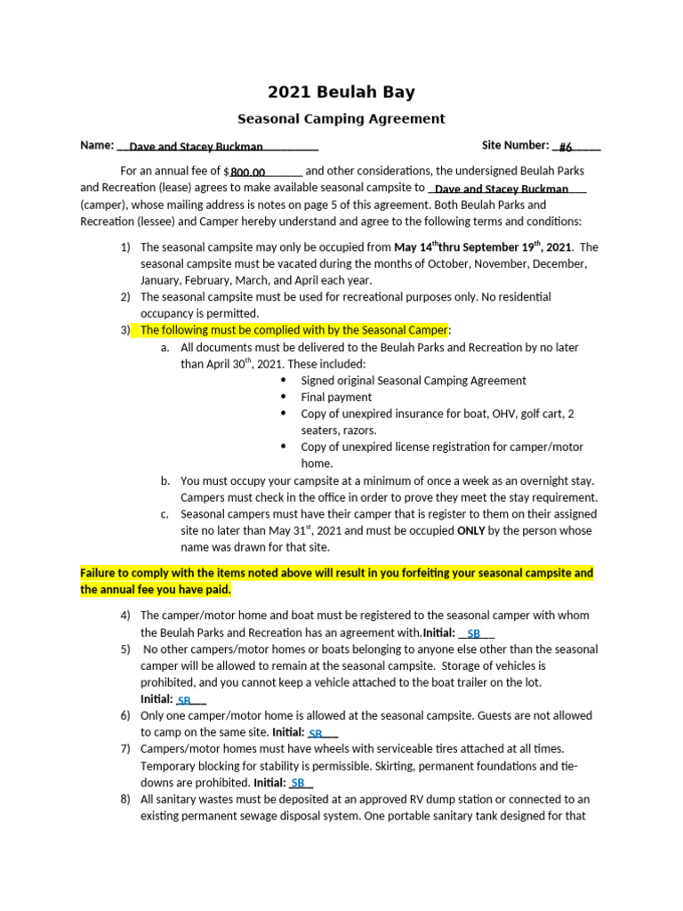 2021 Beulah Bay Seasonal Agreement | PDF | Recreational Vehicle | Campsite