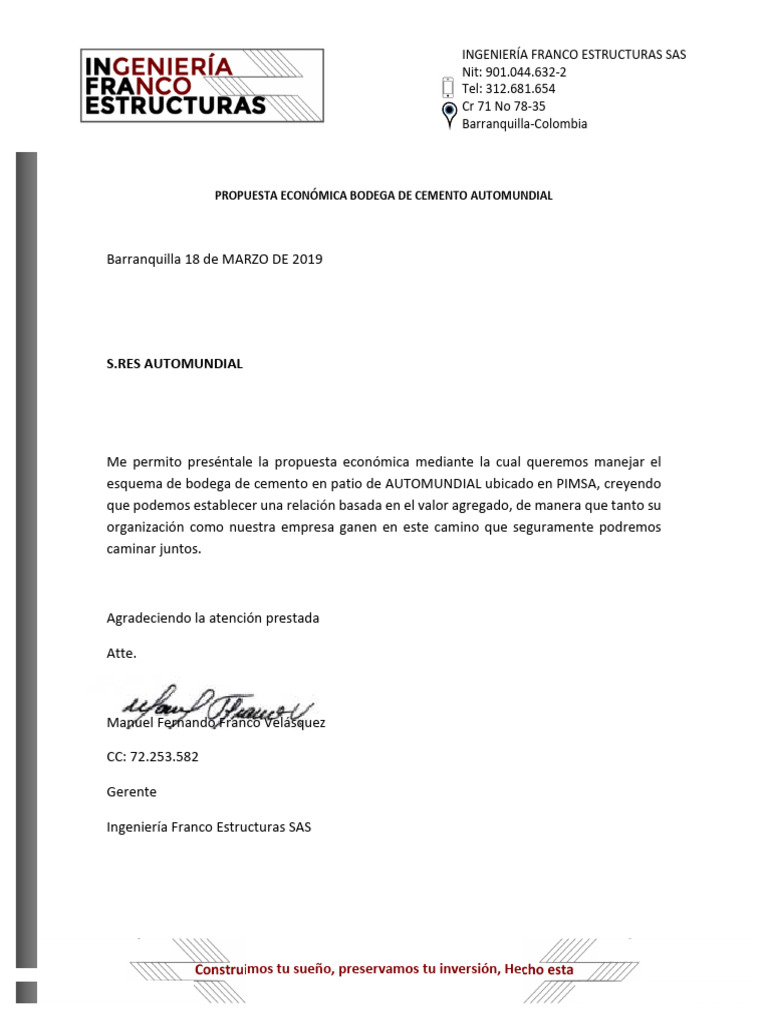 Microsoft Word - PROPUESTA Bodega de Cemento RV 01 | PDF | Calidad ...