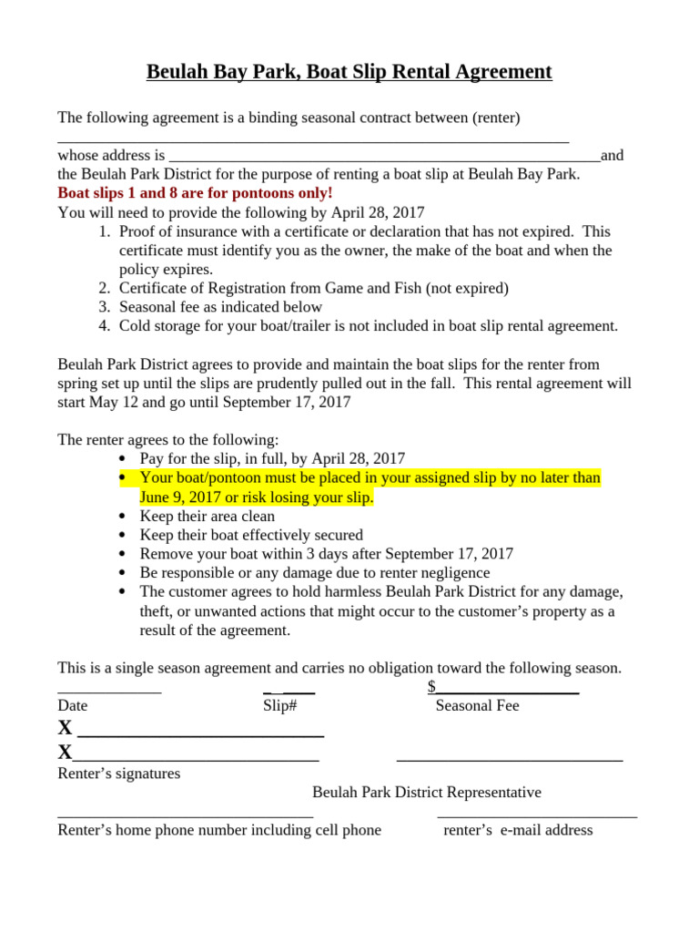Boat Slip Rental Agreement For 2017 Season | PDF
