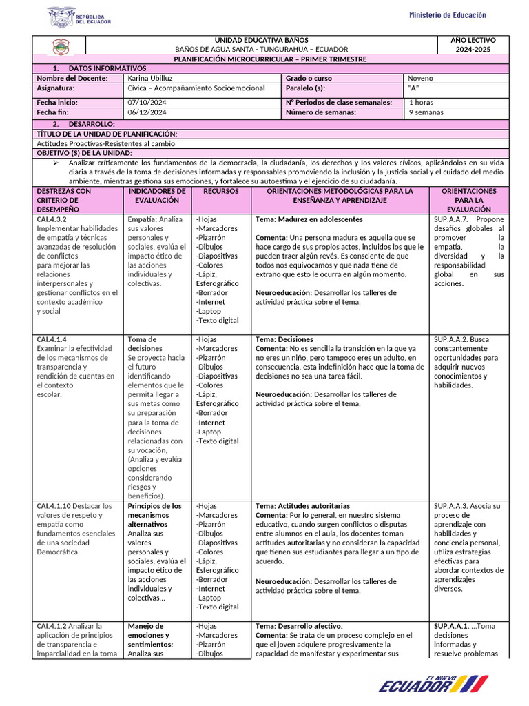 04 - 9no - Cívica - Planificación - Curricular - I Trimestre | PDF | Comportamiento | Evaluación