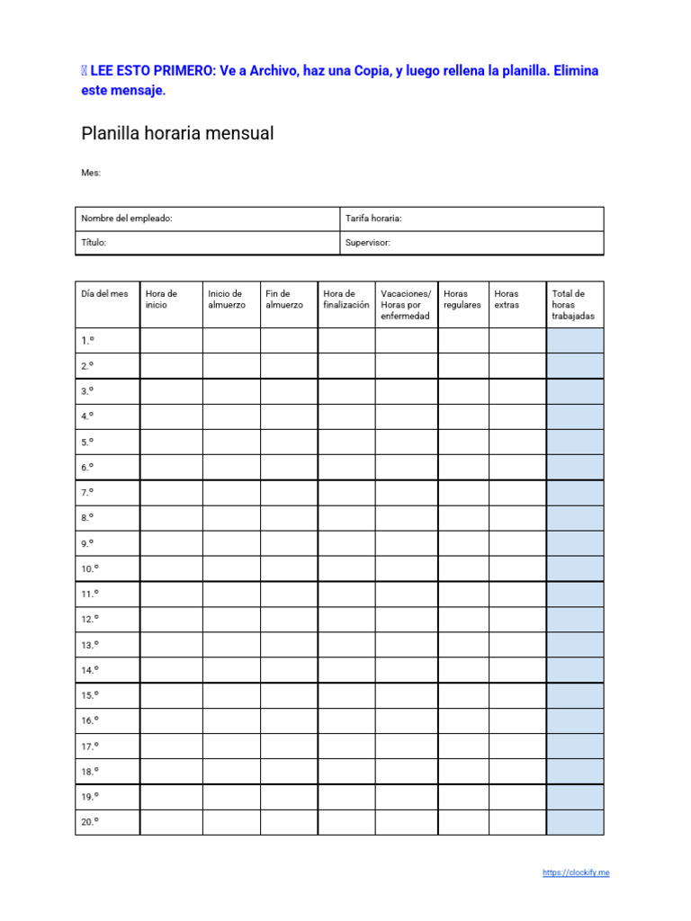 Modelo Planilla Mensual de Horario | PDF