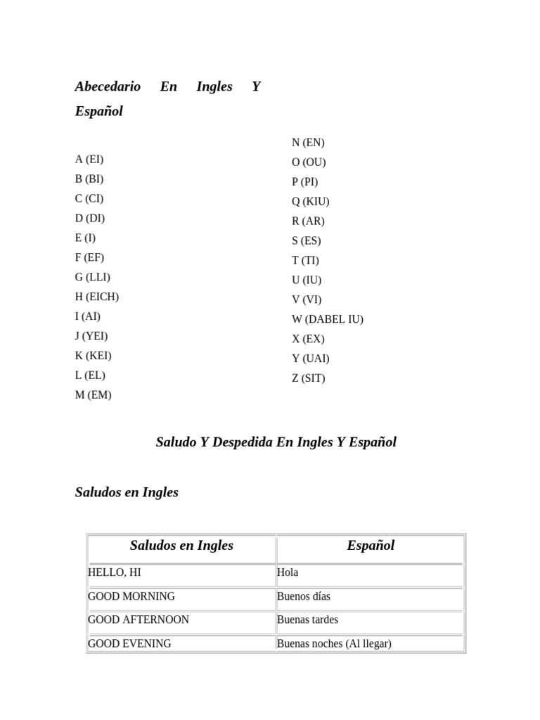 Abecedario en Ingles Y Español, Despedida y Saludos | PDF