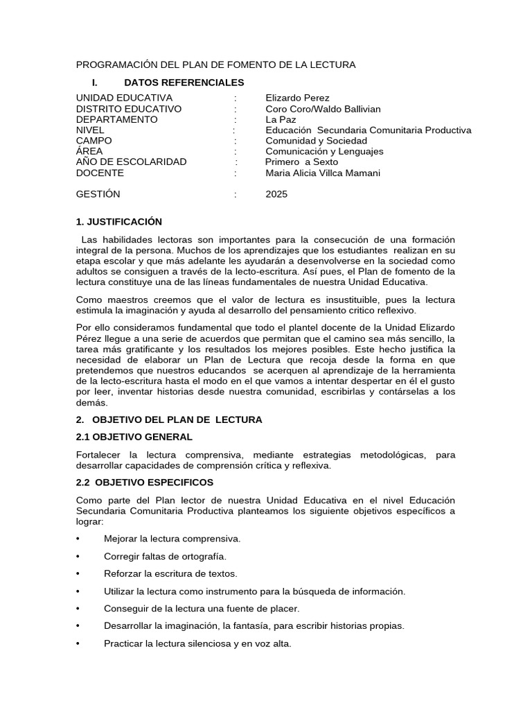 Plan de Lectura | PDF | Escritura | Comunicación