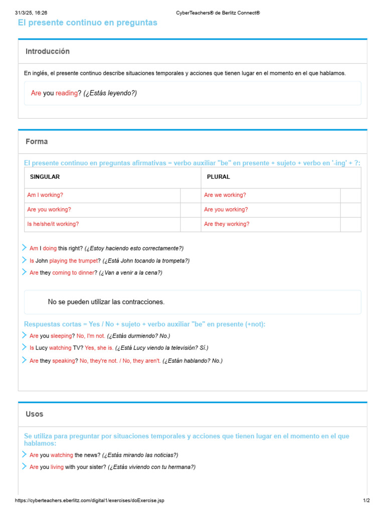 El Presente Continuo Preguntas | PDF