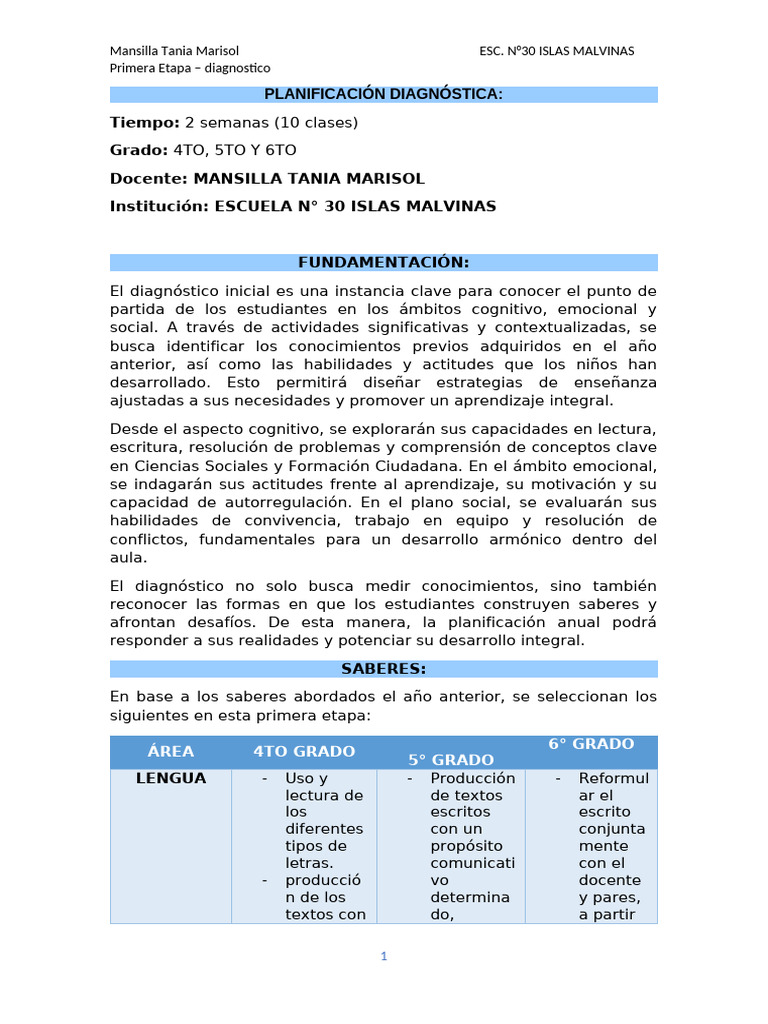 Planificación Diagnóstica 5to 2025 | PDF | Enseñando | Evaluación
