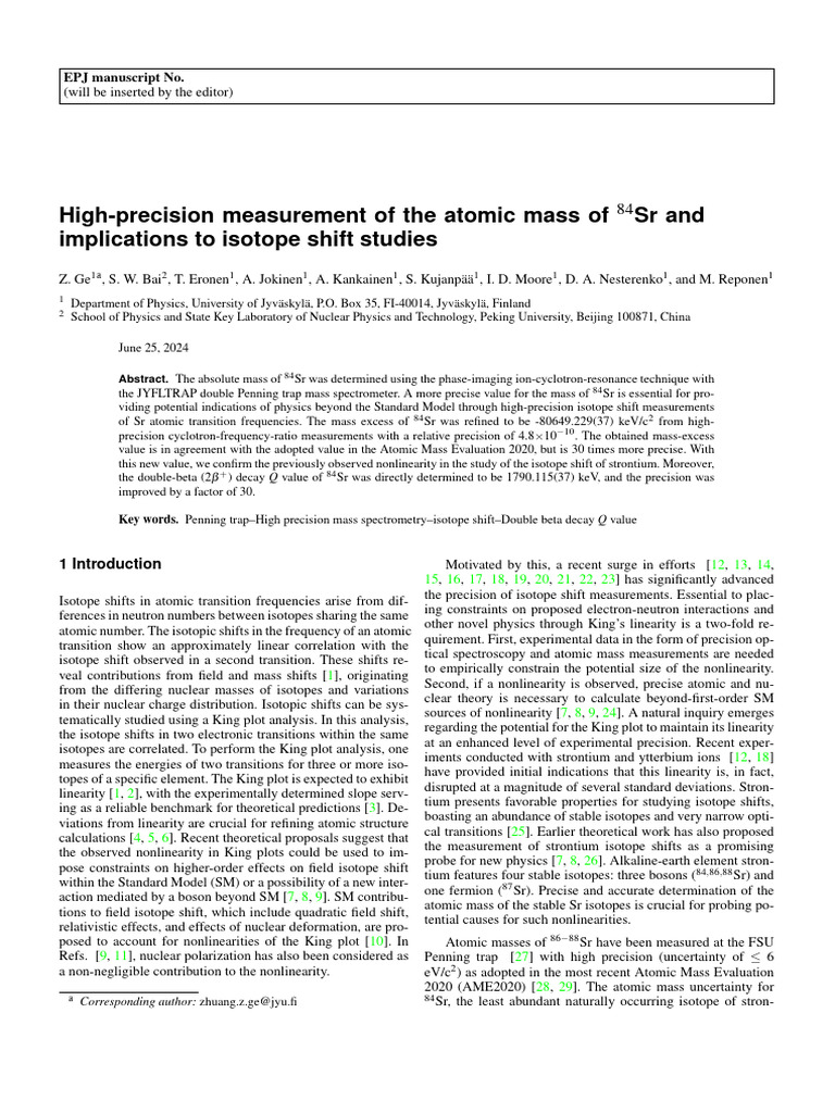 High-Precision Measurement of The Atomic Mass of 84Sr and Implications ...