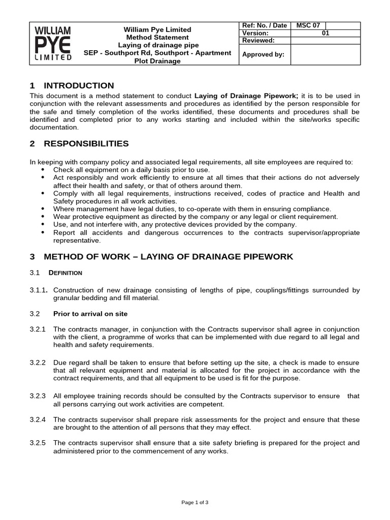 Drainage Pipe Laying Method Statement | PDF | Drainage | Pipe (Fluid ...
