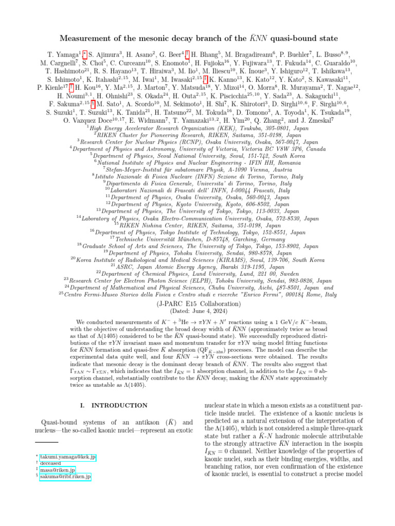 Measurement of The Mesonic Decay Branch of The K NN Quasi-Bound State | PDF | Atomic Nucleus ...