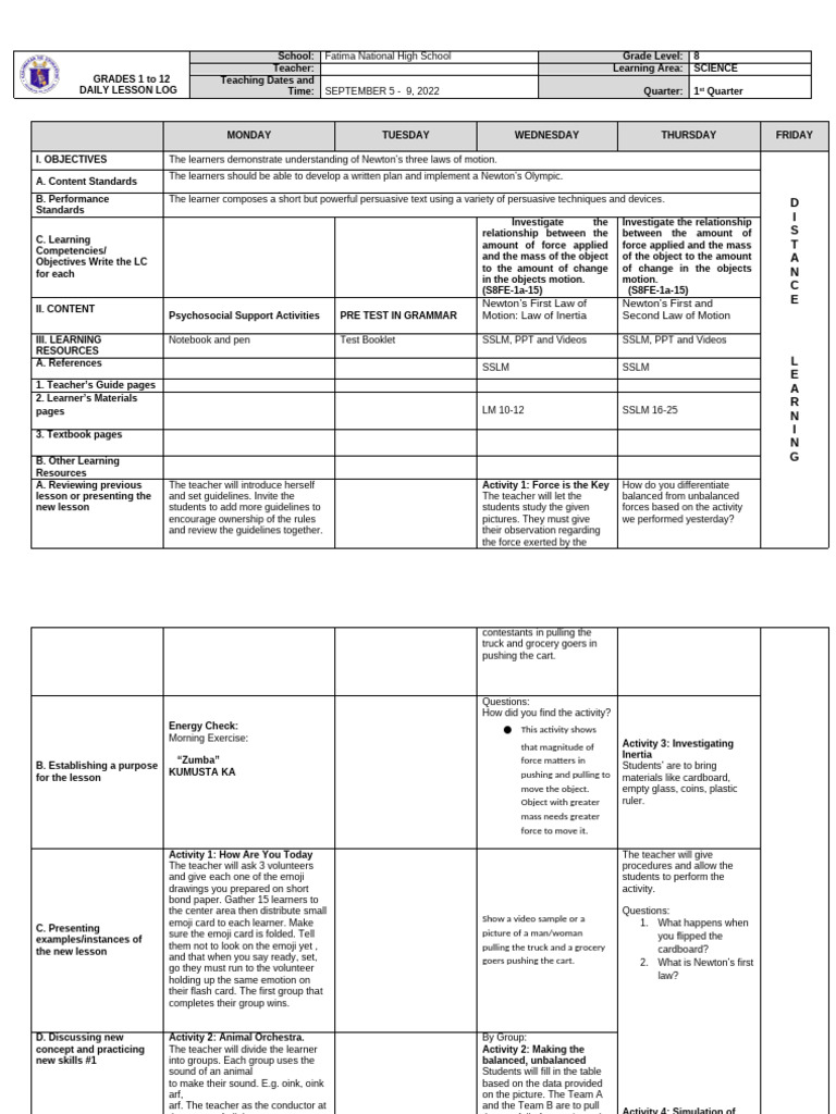 Science 8 DLLL Q1 Week 1 | PDF | Force | Teachers