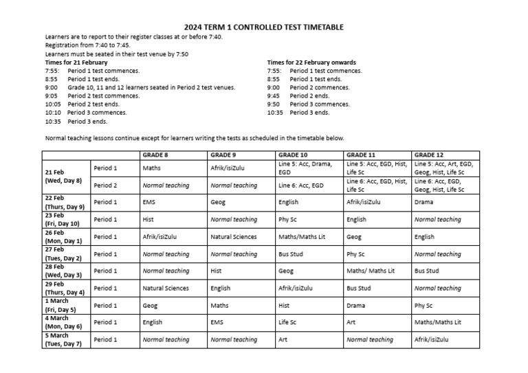 2024 Term 1 Controlled Test Timetable | PDF