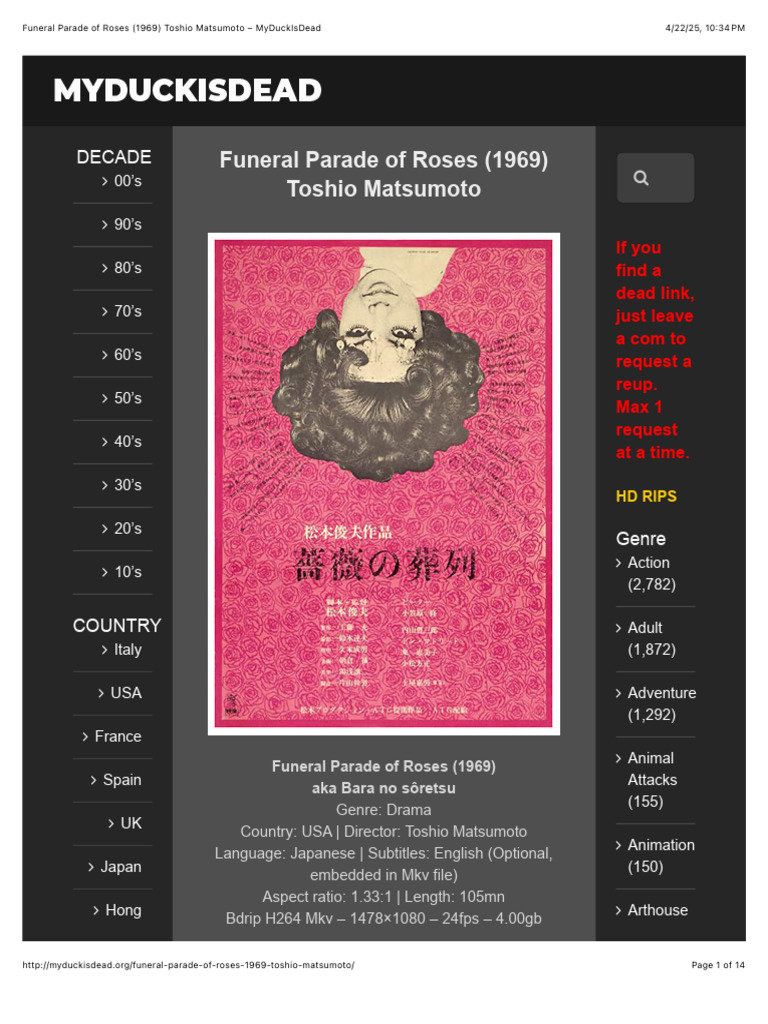 Funeral Parade of Roses (Bara No Sôretsu) (Toshio Matsumoto, 1969) | PDF