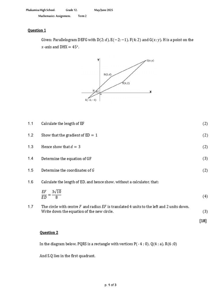 Analytical Geometry Assignment - Term 2 Edited | PDF | Circle | Analytic Geometry