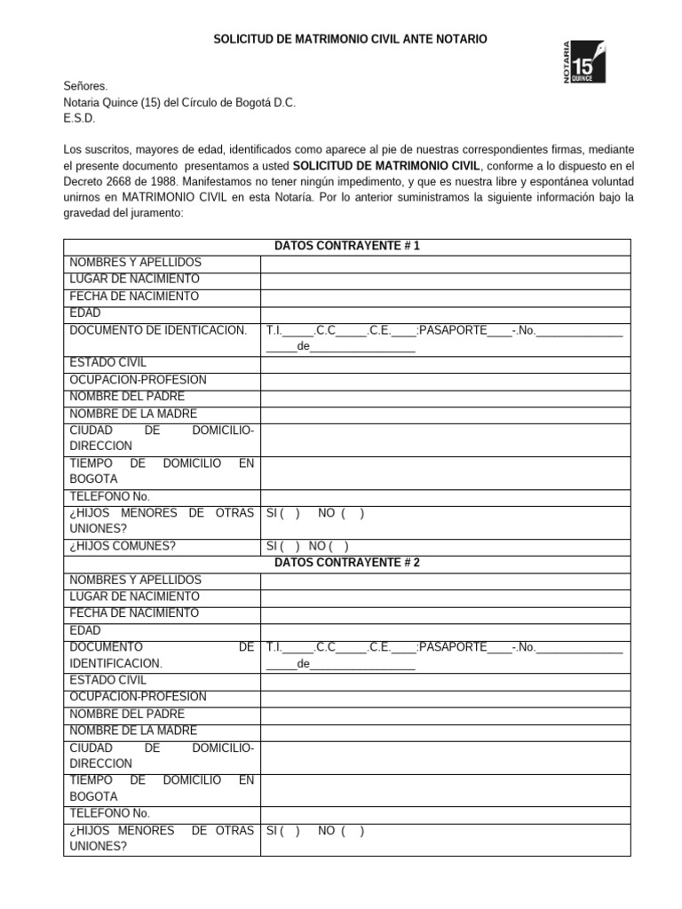 Solicitud de Matrimonio Civil Ante Notario | PDF | Derecho Civil (Common Law) | Instituciones ...