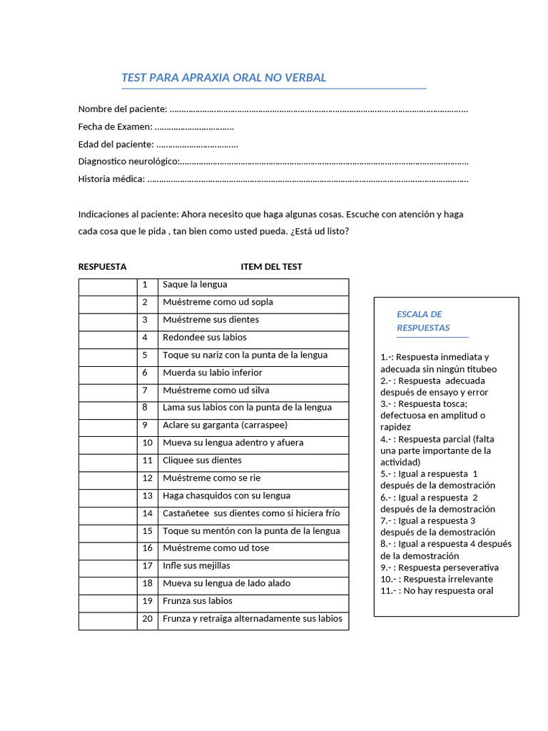 Test de Apraxia Oral No Verbal | PDF