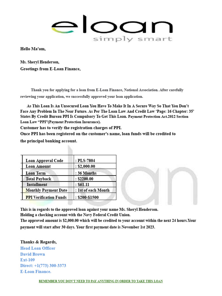 Loan Confirmation Letter Ms. Sheryl Henderson | PDF | Payment ...