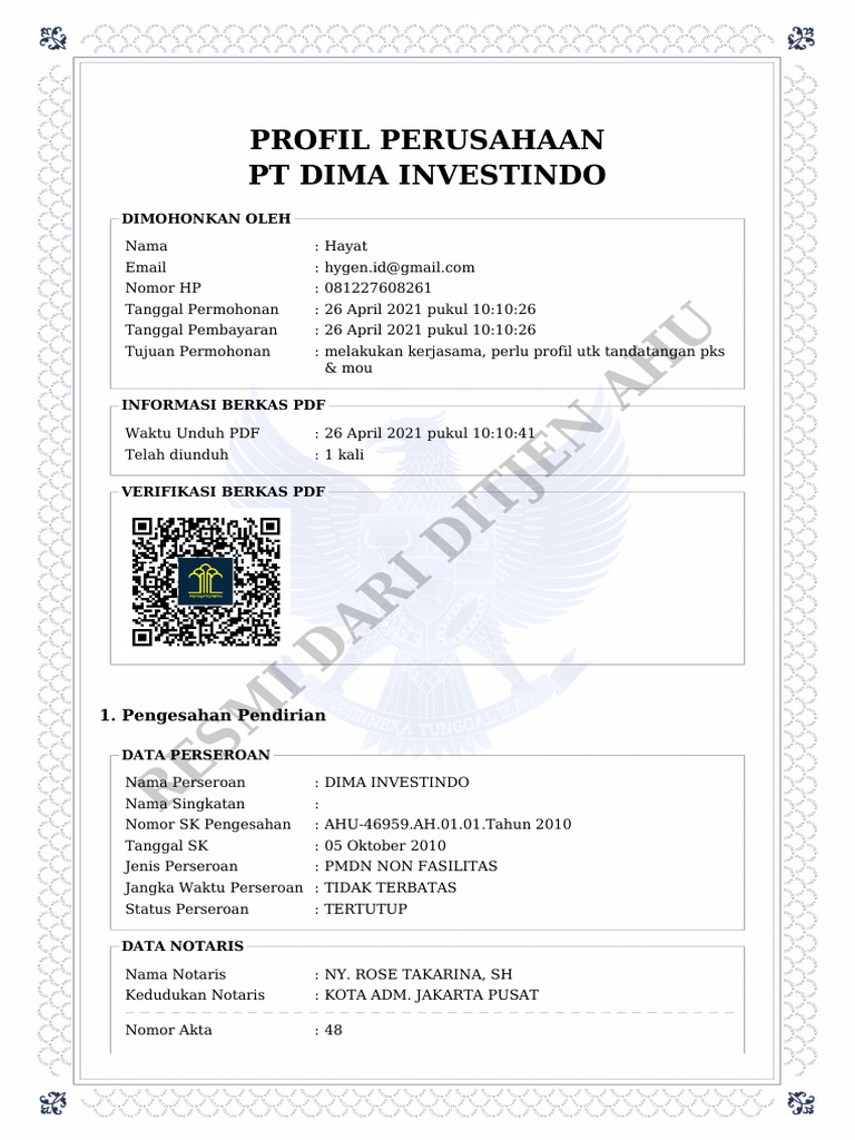 Profil Perseroan Dima Investindo-Unlocked | PDF