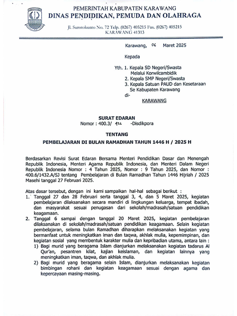 Surat Edaran Tentang Pembelajaran Di Bulan Ramadhan Tahun 1446H2025H | PDF