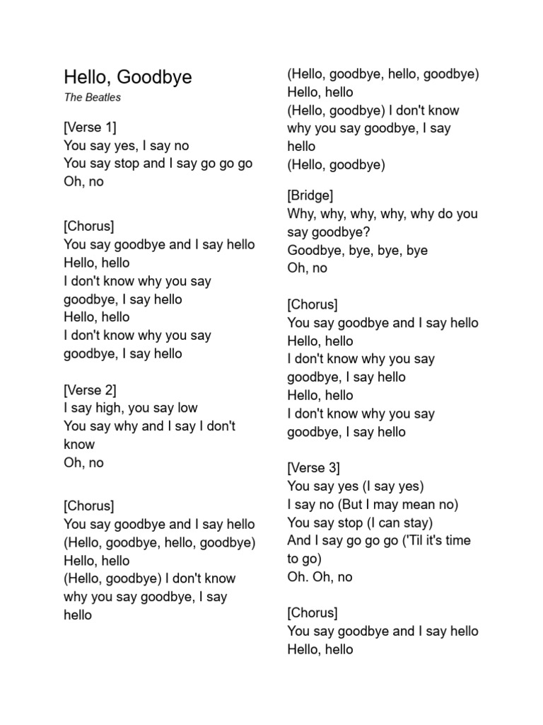 Beatles' "Hello, Goodbye" Lyrics | PDF