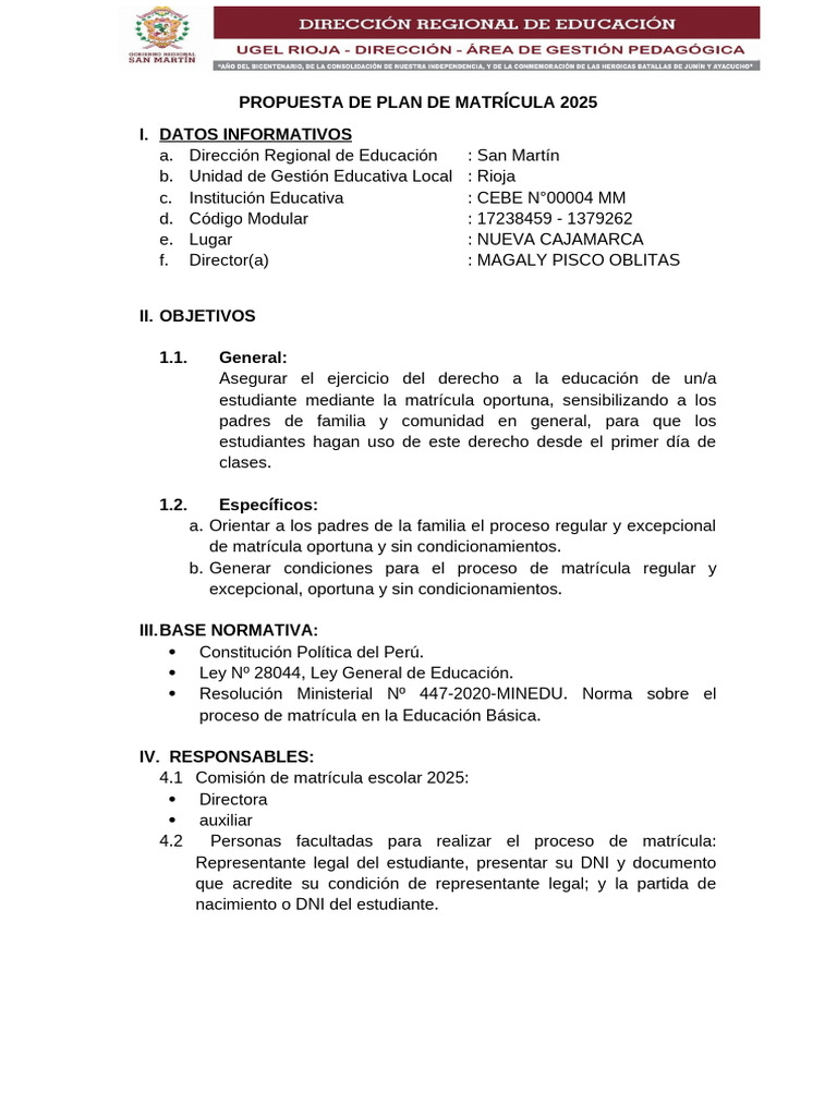 Propuesta Matrícula 2025 CEBE N°00004 MM | PDF