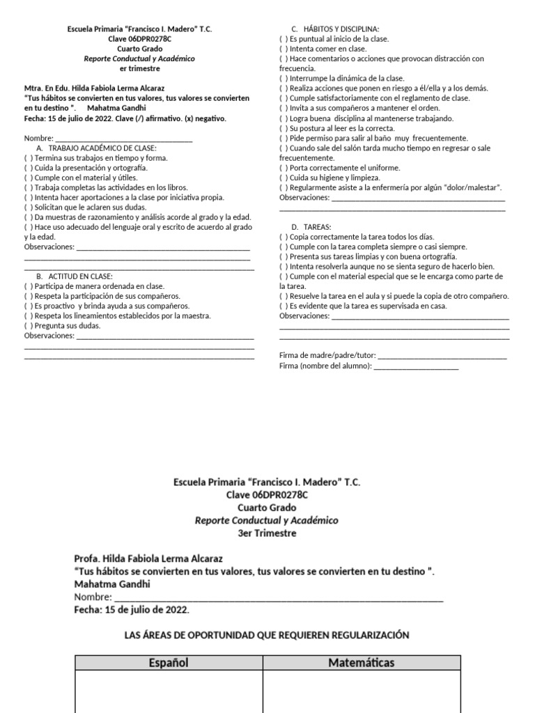 Reporte 2do Trimestre Conductual y Académico | PDF