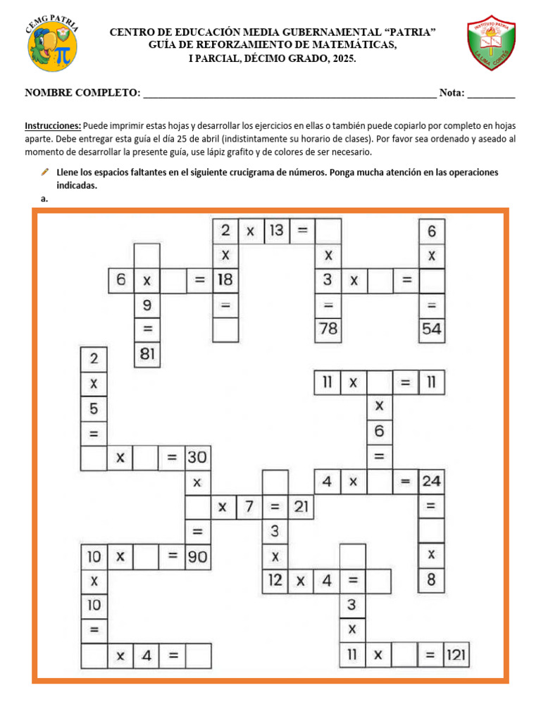 Guía de Reforzamiento y Nivelación de Matemáticas, I Parcial, Décimo ...