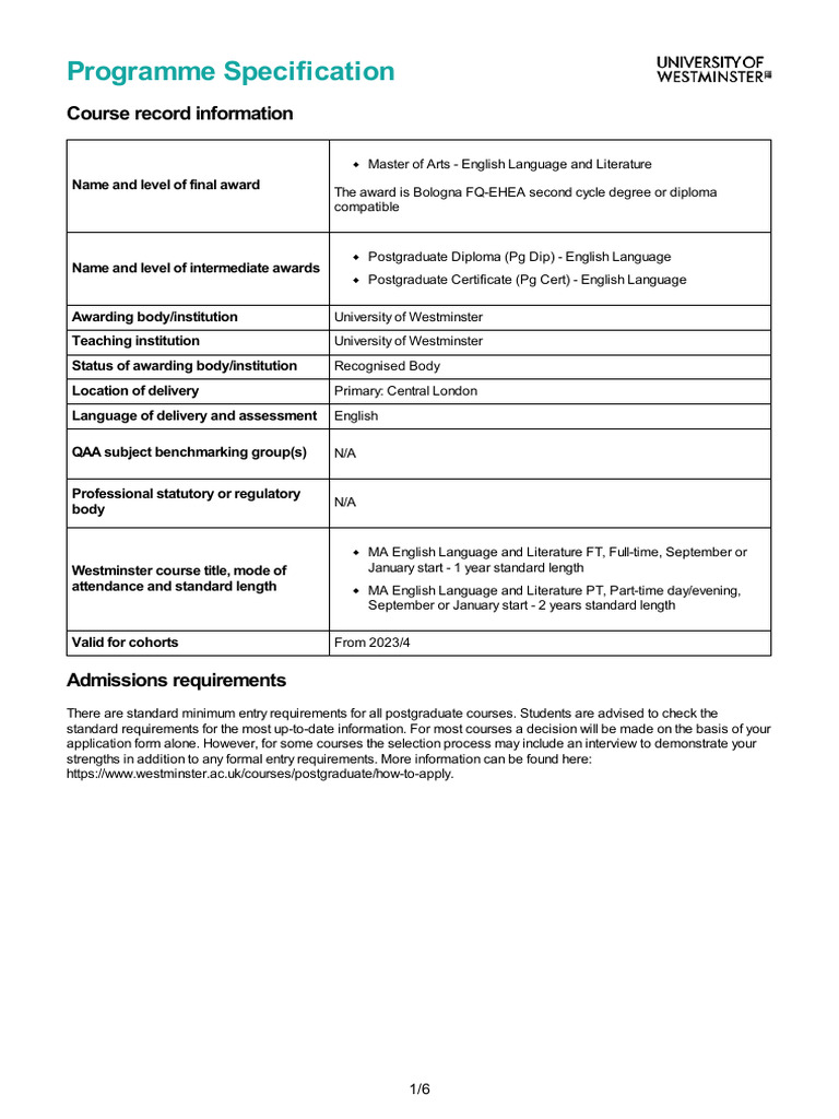 MA English Language and Literature Overview | PDF | Master's Degree ...