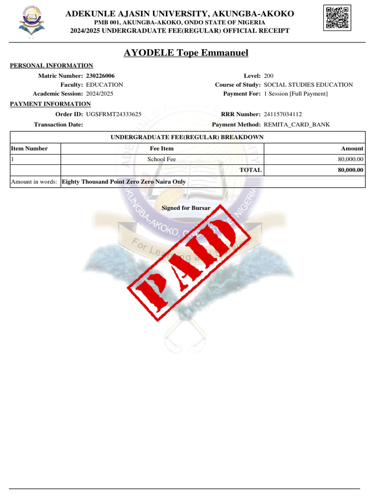 ayodele tope emmanuel_200_undergraduate fee(regular)_receipt | PDF