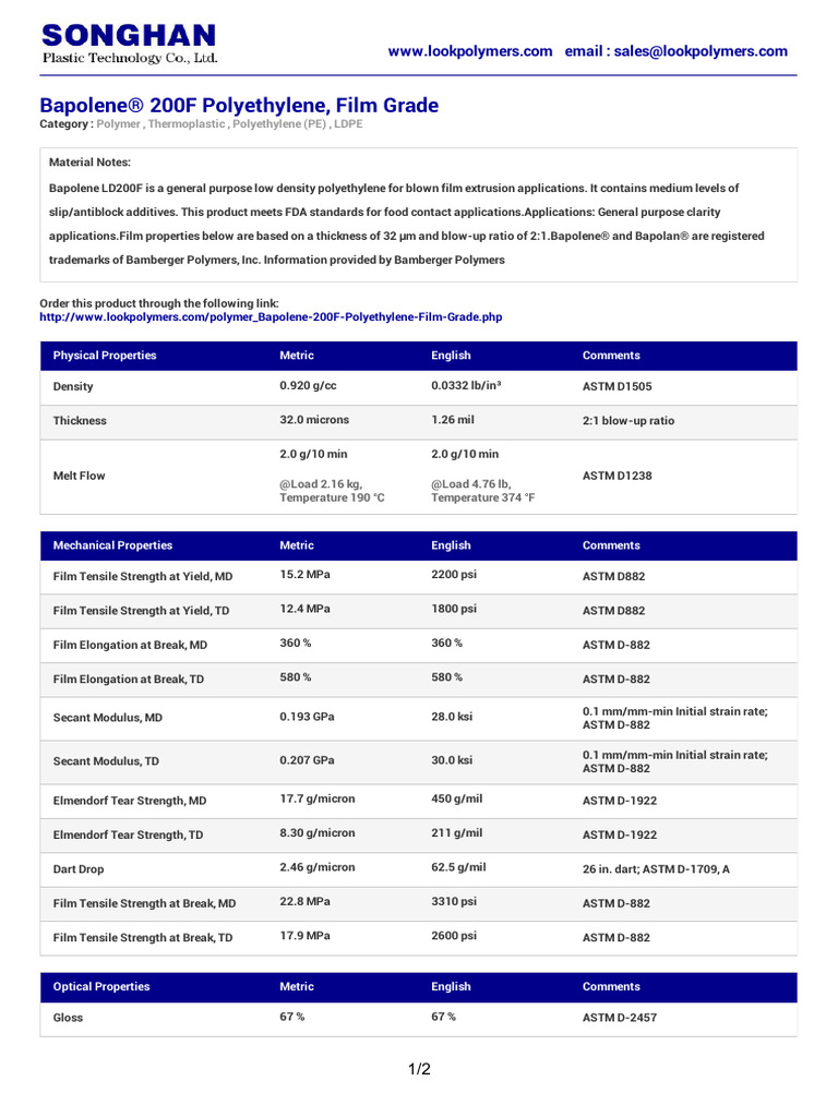Bapolene 200F Polyethylene Film Grade | PDF | Strength Of Materials ...