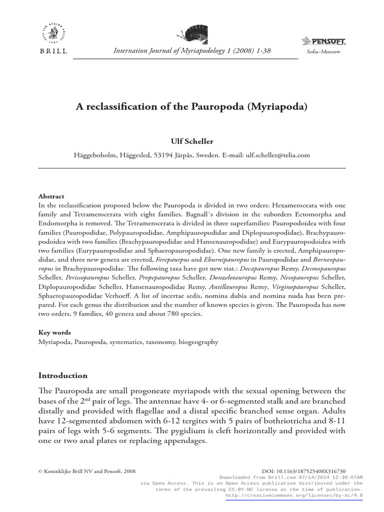 A Reclassification of The Pauropoda (Myriapoda) | PDF | Arthropods