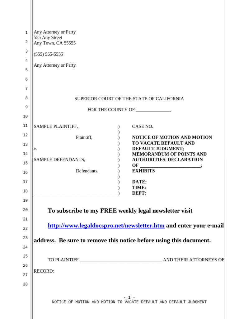 Sample Motion To Vacate Void Judgment in California Under Code of Civil ...