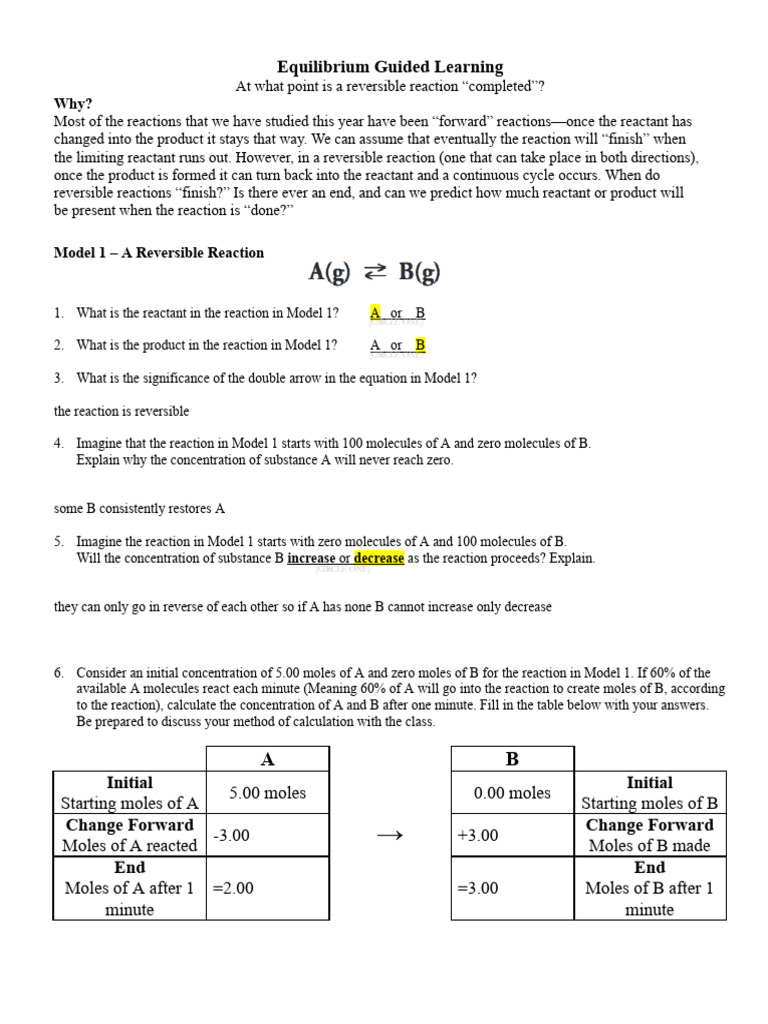 POGIL Equilibrium WS KEY | PDF | Chemical Equilibrium | Chemical Reactions