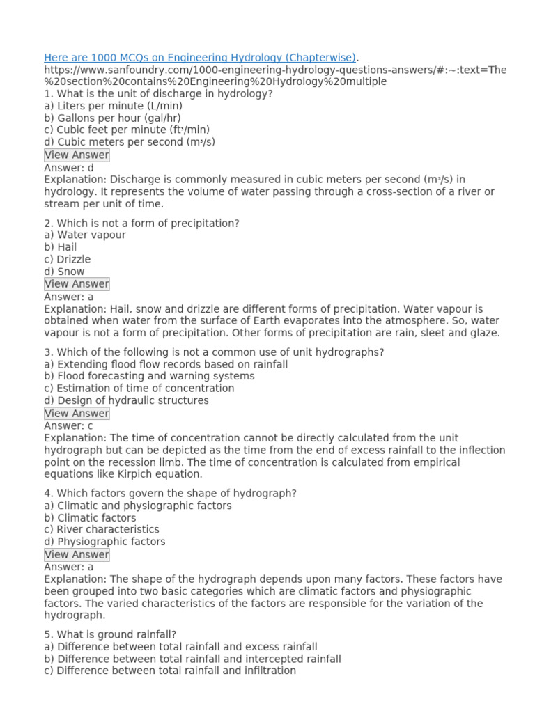 MCQs On Engineering Hydrology 001 | PDF | Groundwater | Precipitation