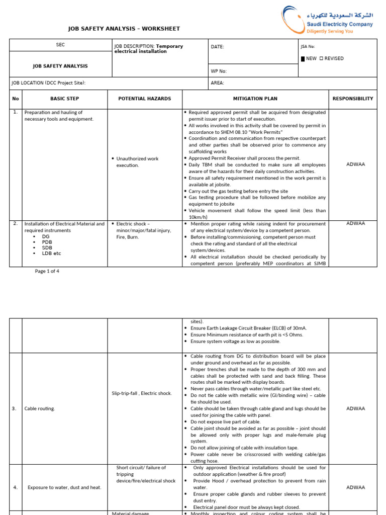 JSA Temporary Electrical Work | PDF | Electricity | Occupational Safety And Health