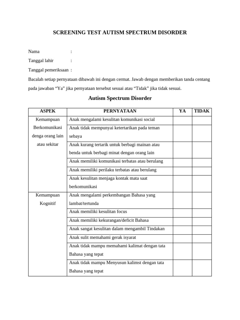 SCREENING TEST AUTISM SPECTRUM DISORDER | PDF