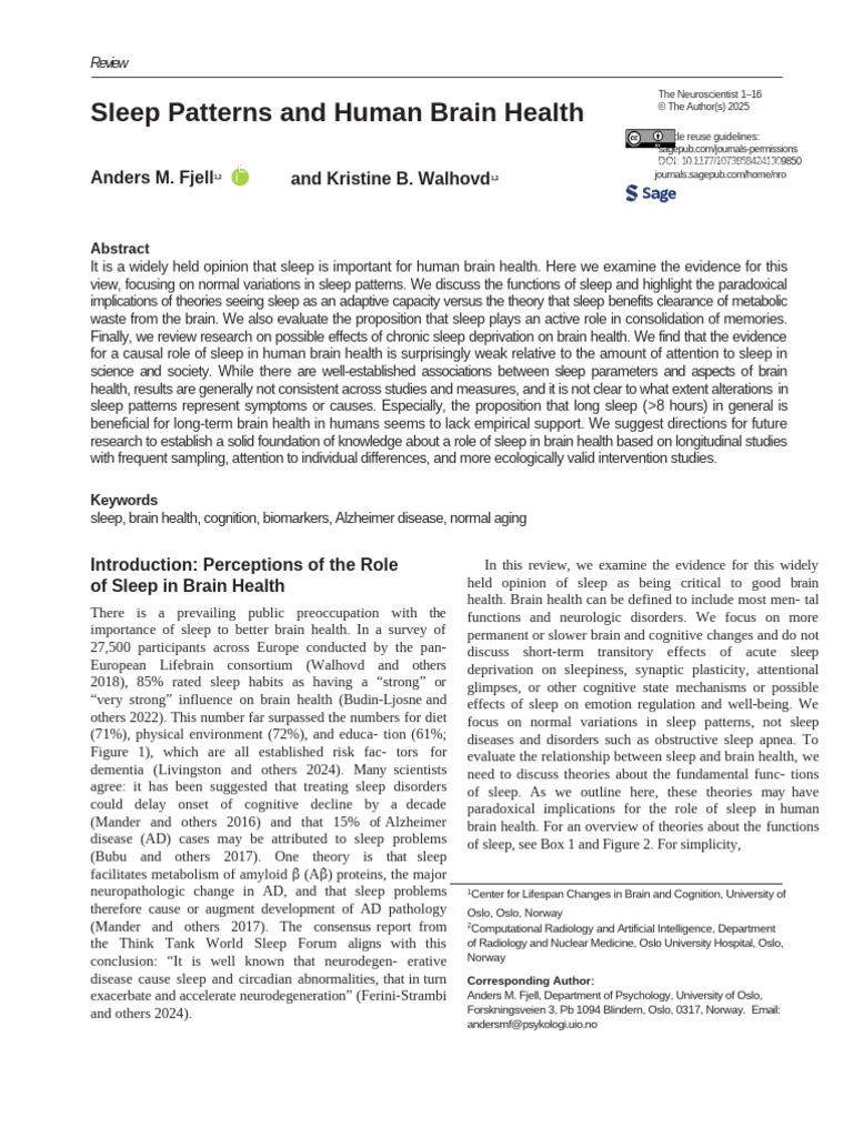 Fjell Walhovd 2025 Sleep Patterns and Human Brain Health | PDF | Amyloid Beta | Sleep