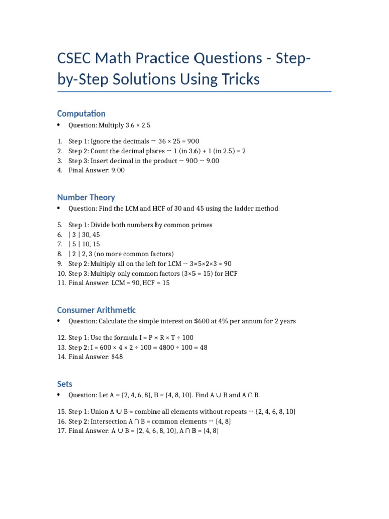 CSEC Math Step by Step Solutions | PDF | Pi | Mean