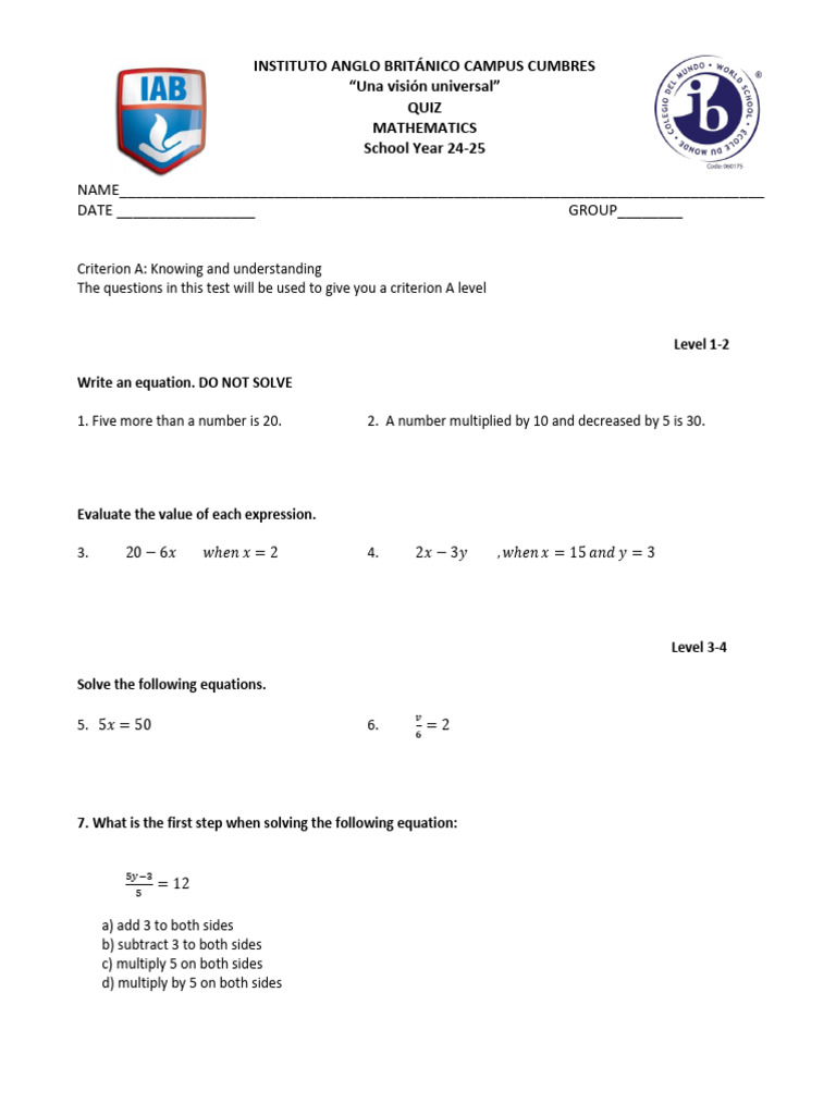 7th Grade QUIZ Equations | PDF