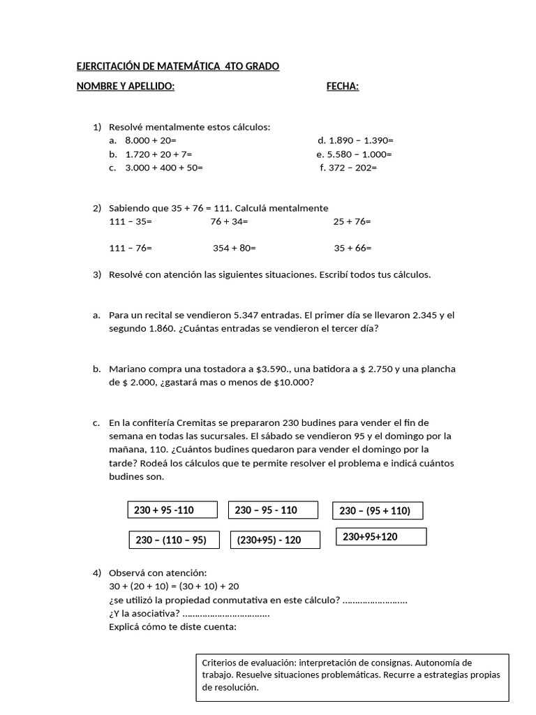 Ejercicios de Matemática 4to Grado | PDF