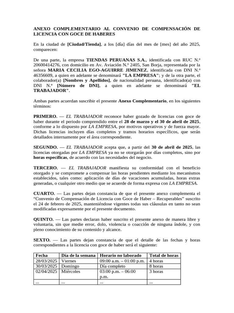Anexo Complementario Al Convenio de Compensación de Licencia Con Goce de Haberes | PDF