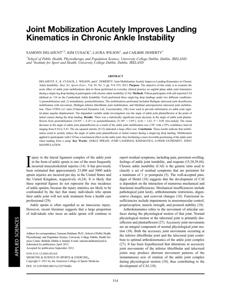 Joint Mobilization Acutely Improves Landing Kinematics in Chronic Ankle ...