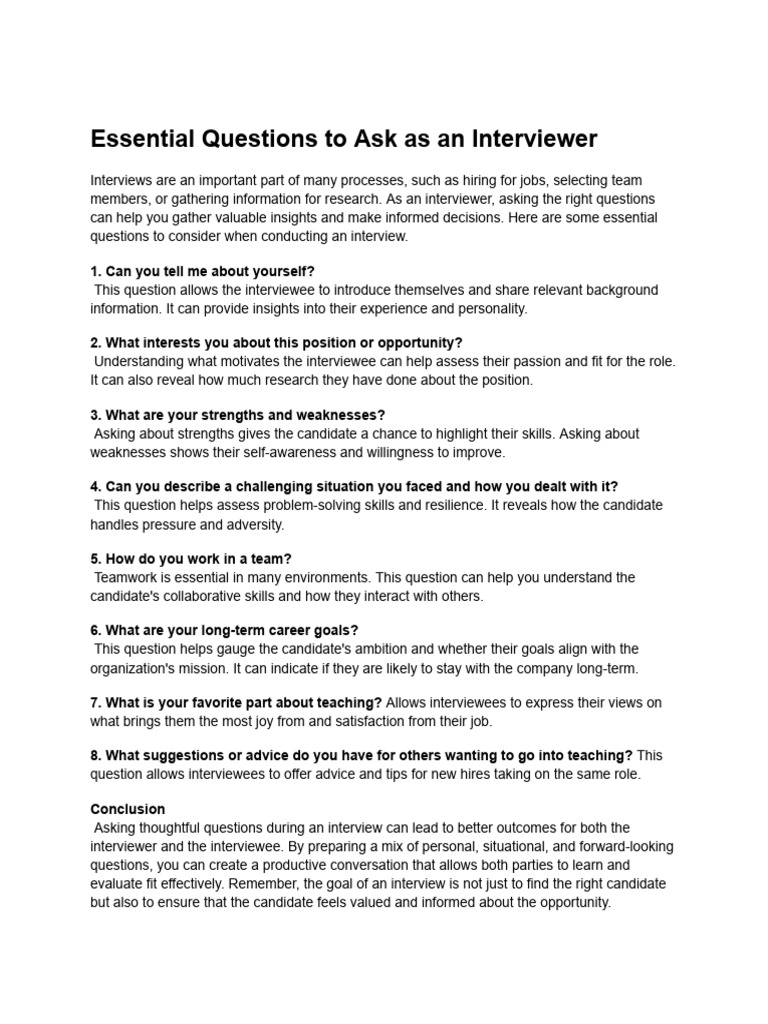 Essential Questions To Ask As An Interviewer | PDF