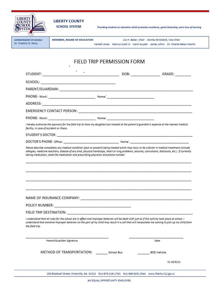 Fieldtrip Permission Form | PDF | Physician | Medicine