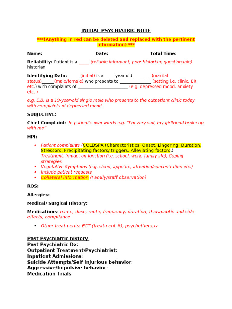 Initial Psychiatric Evaluation Template | PDF | Psychiatry | Clinical Medicine