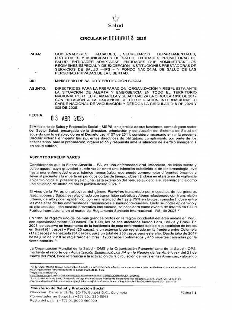 Circular 012 2025 Fiebre Amarilla | PDF | Fiebre amarilla | Ciencias de ...