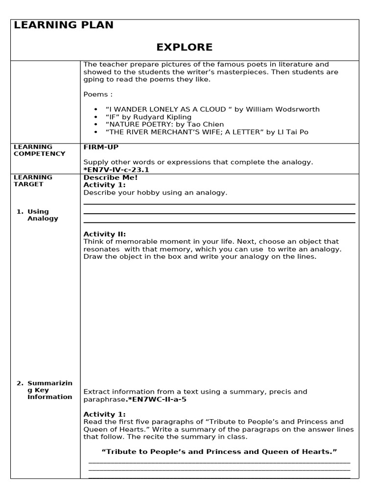Learning Plan English 7 2ND | PDF | Communication | Nonverbal Communication