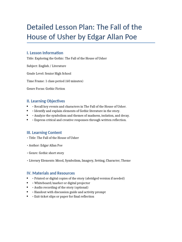 Gothic Lesson Plan: Usher's Fall | PDF | Gothic Fiction