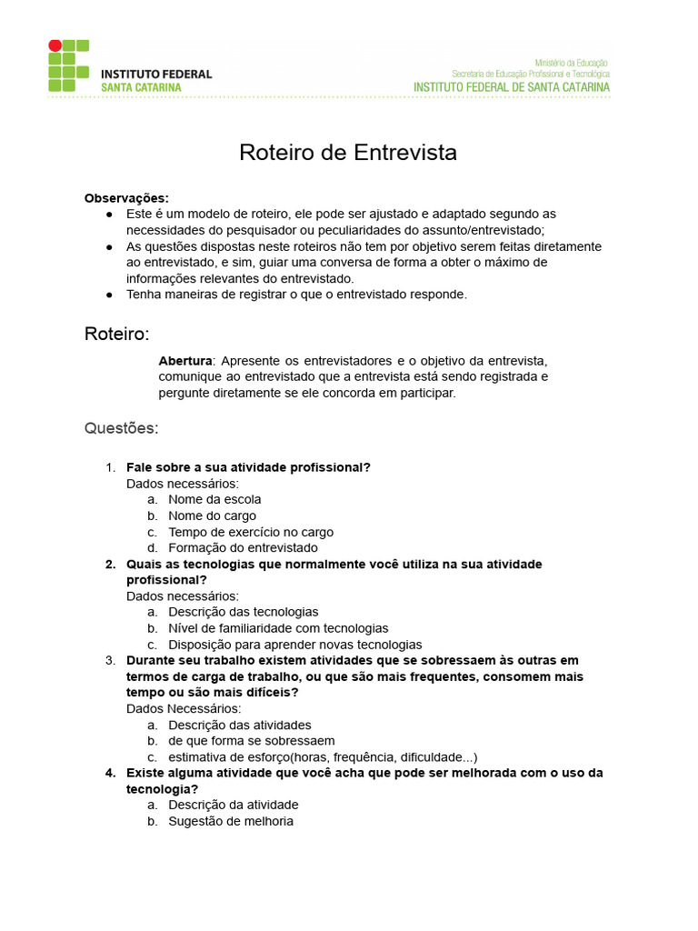 Modelo de Roteiro para Entrevista | PDF